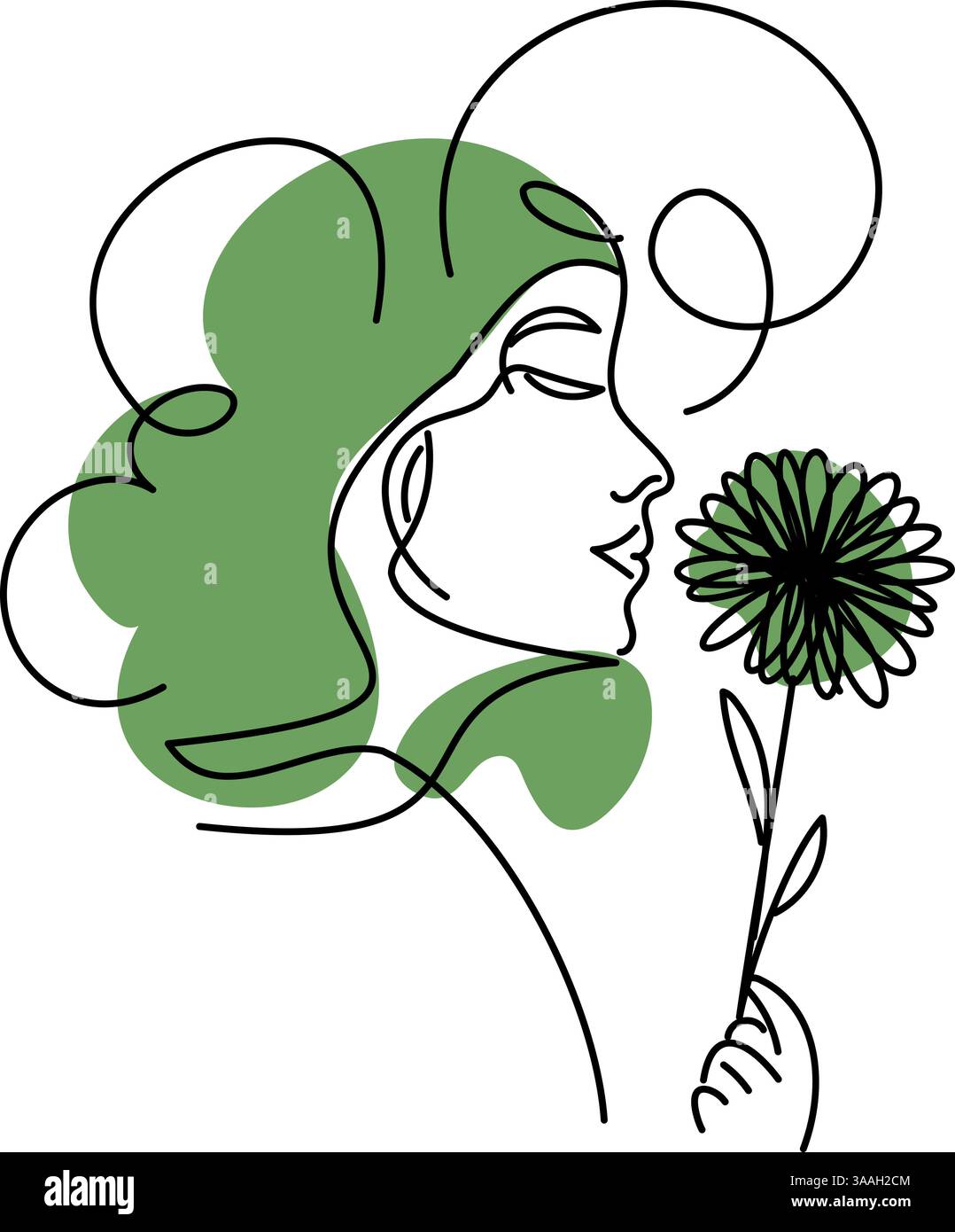 Stylized minimalist drawing of a serene woman holding and smelling a ...