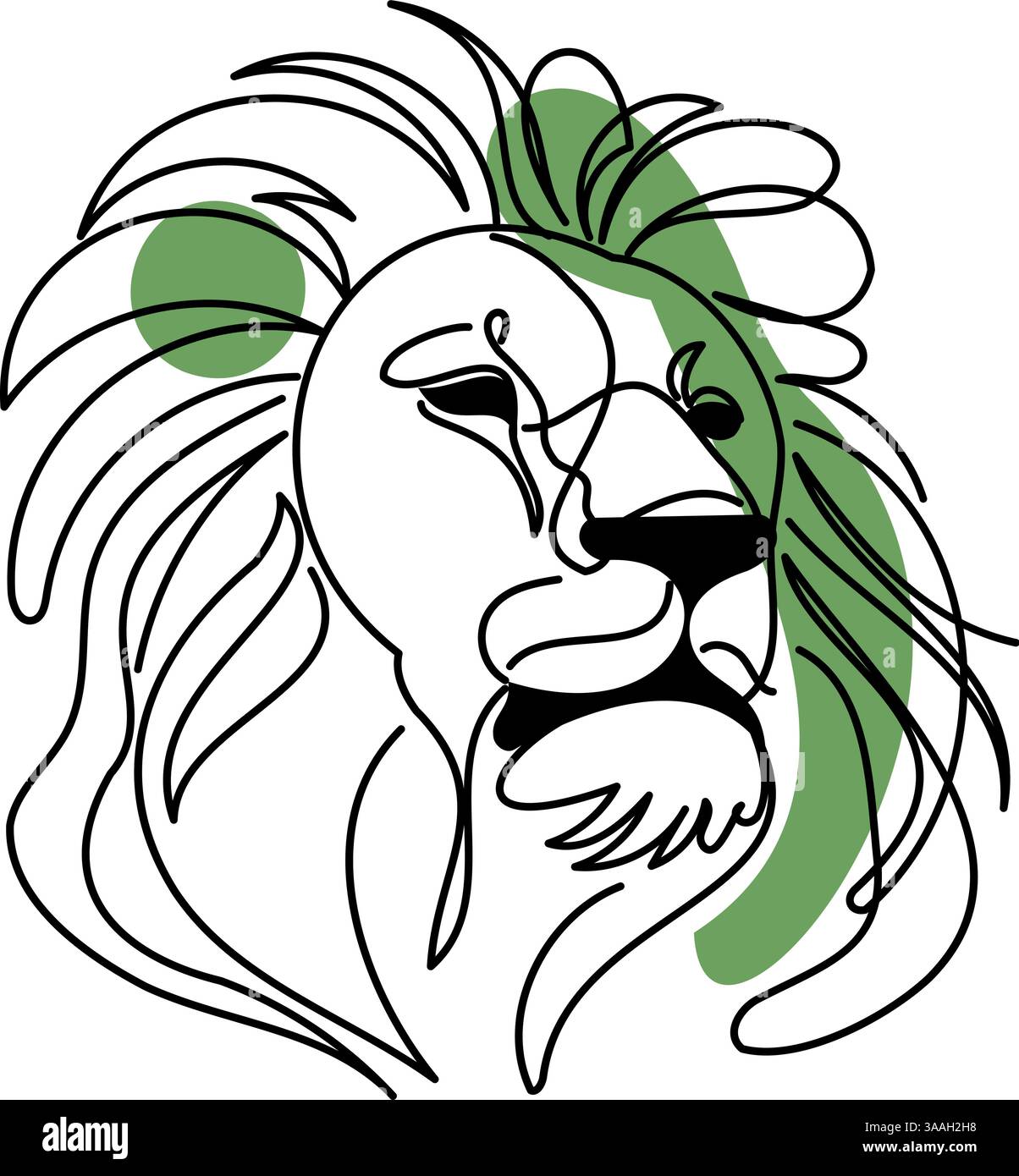 Bold one-line drawing of a lion's head with flowing mane and green ...