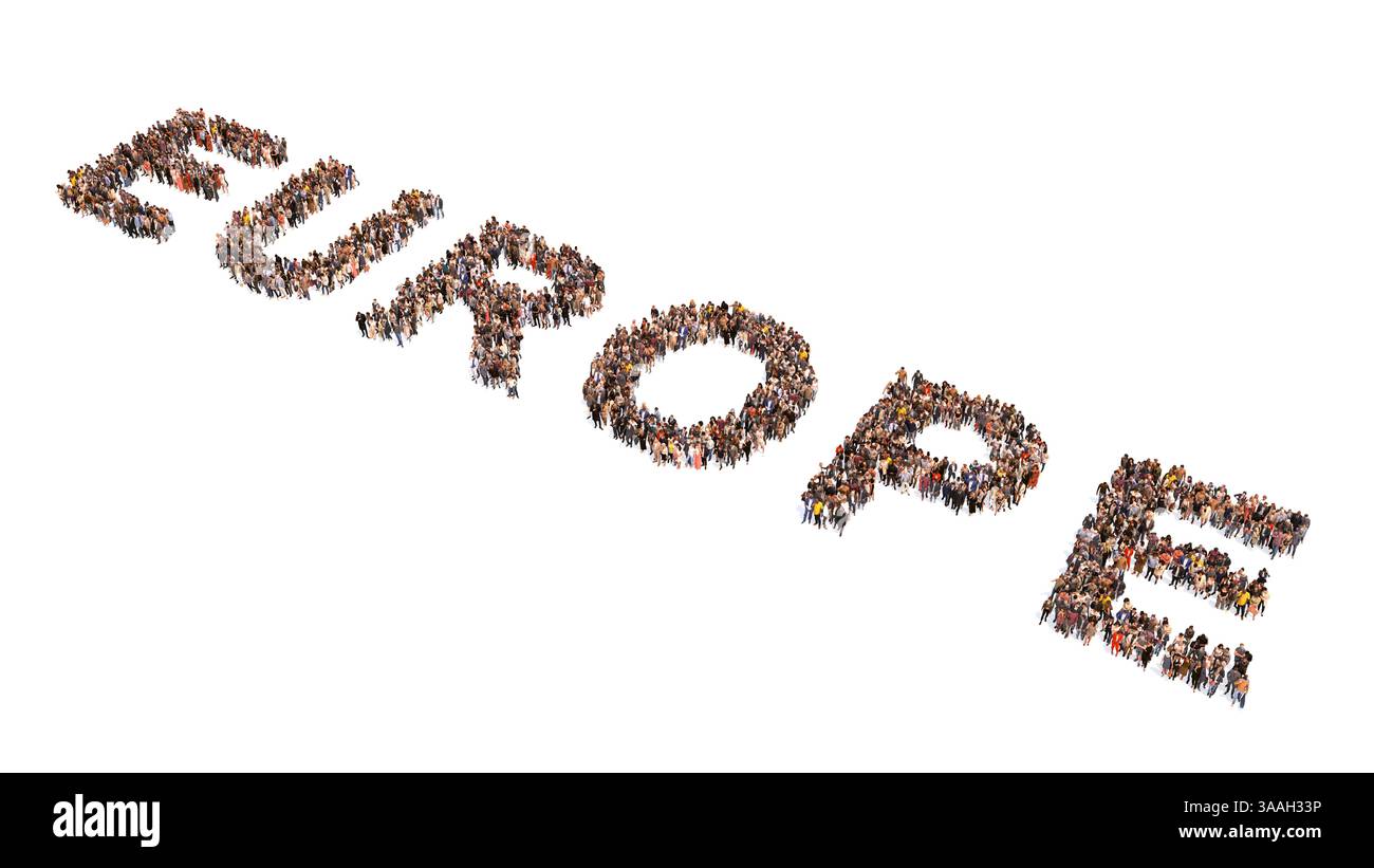 Concept or conceptual large community of people forming EUROPE word. 3d ...