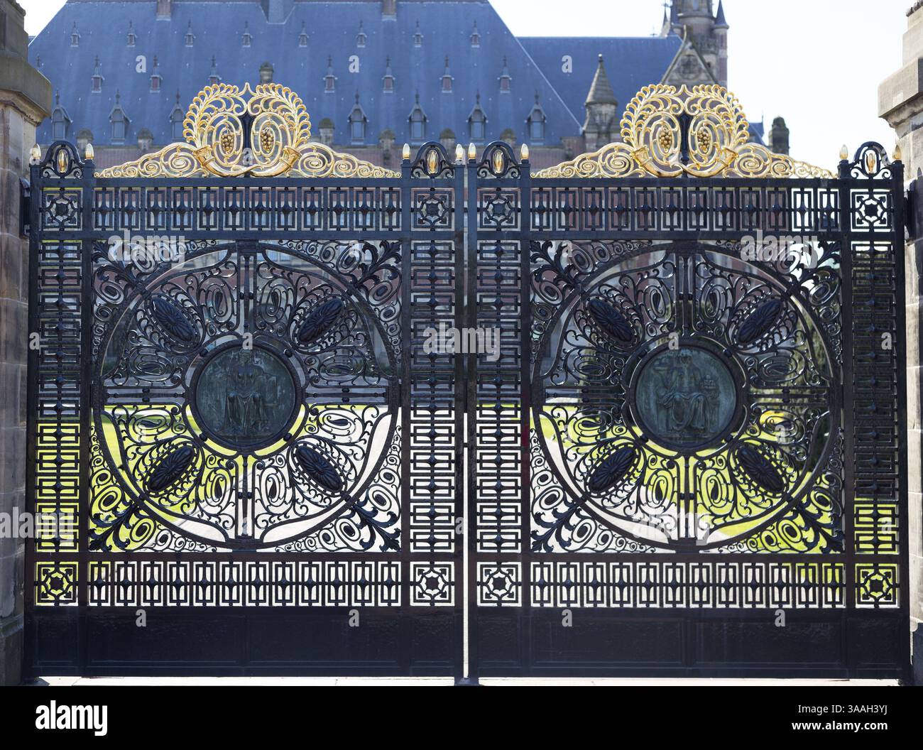 Carved gate in front of the Peace Palace in the Hague, Netherlands ...