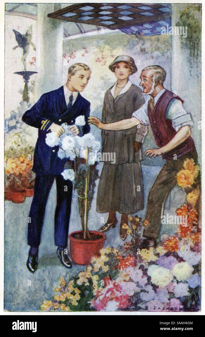 Halftone of a naval officer choosing flowers at a flower shop, circa ...