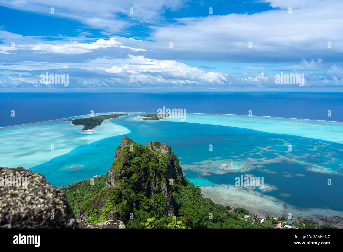 A breathtaking panoramic view from Mount Teurafaatiu in Maupiti island ...