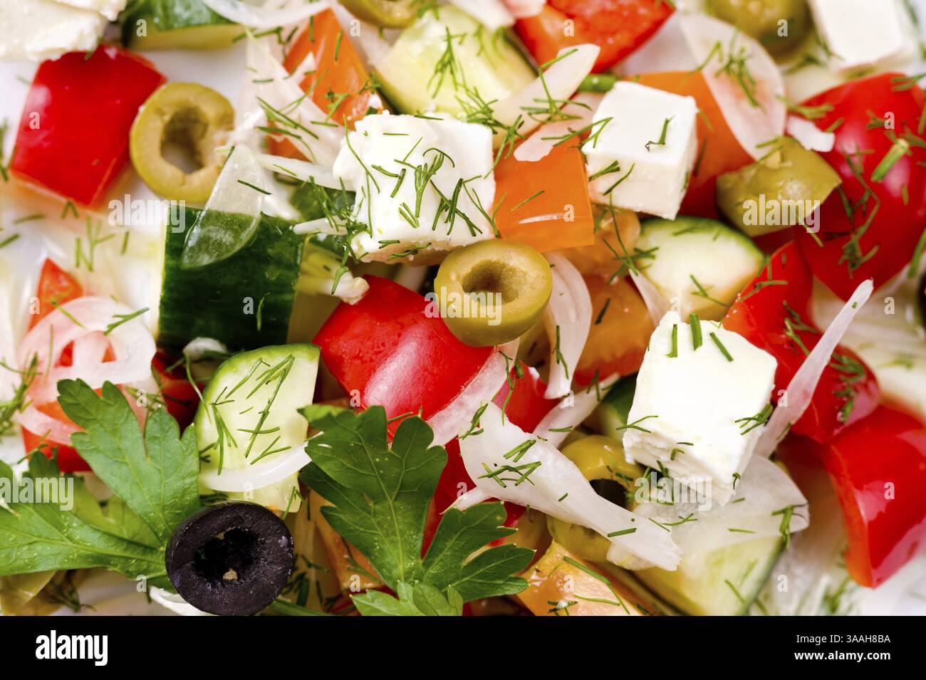 Horiatiki, a traditional Greek salad, macro shot Stock Photo - Alamy