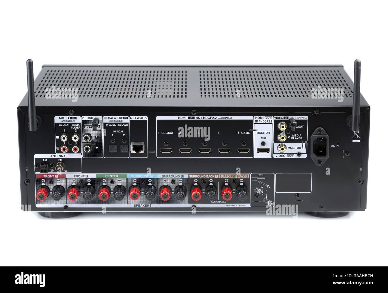 Closeup of the back of an AV receiver, showing the speaker terminals ...