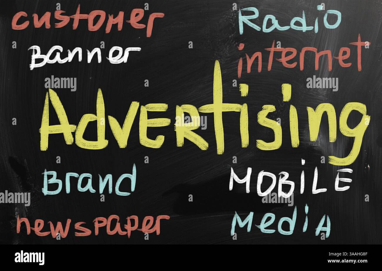 Advertising handwritten with white chalk on a blackboard Stock Photo ...