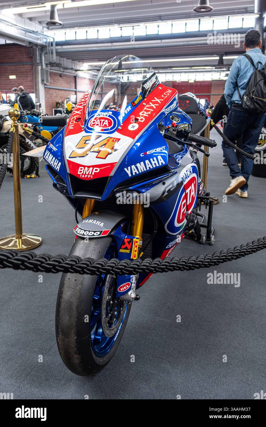 Modena, Italy : 2025 03 30 Motor Fest Expo Motorbike A blue and white ...