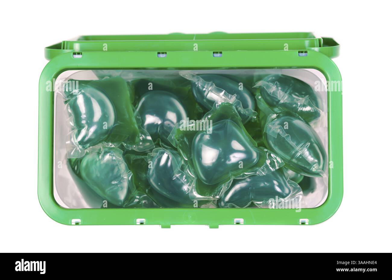 Green gel laundry capsules in box Stock Photo - Alamy