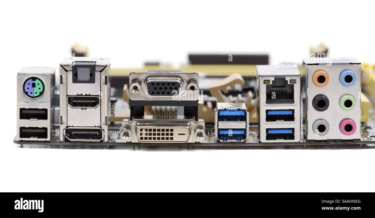 Rear of the motherboard close-up, USB 3, 0, HDMI, audio Stock Photo - Alamy