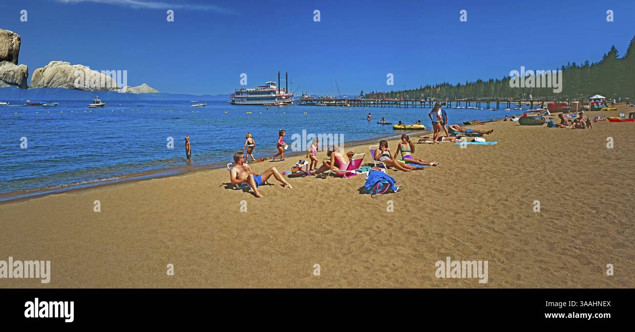Lake Tahoe, Zephyr Cove, beach, beach holidaymaker, paddle steamer ...