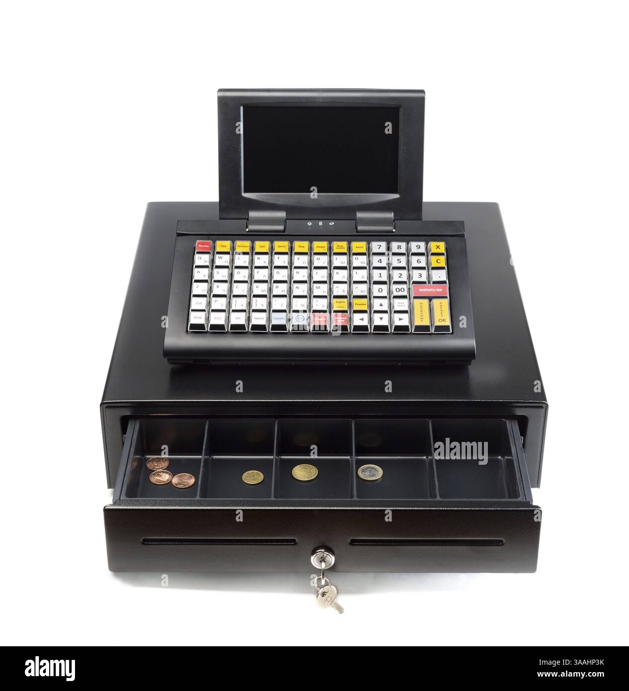 A modern cash register on a white background. Drawer is open Stock ...