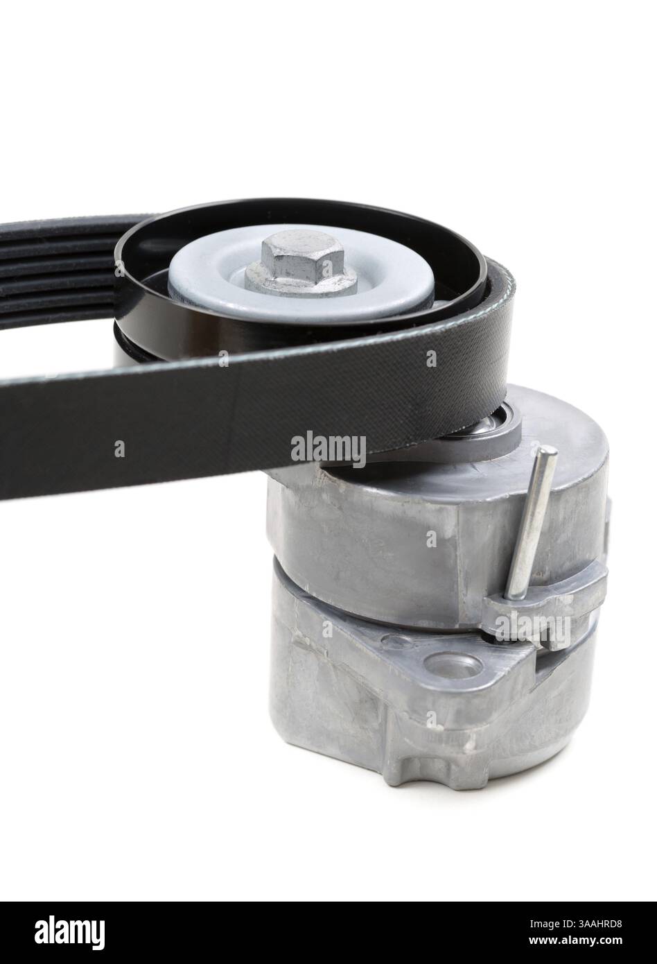 Generator belt tensioner pulley with Poly-V belt. Isolate on white ...