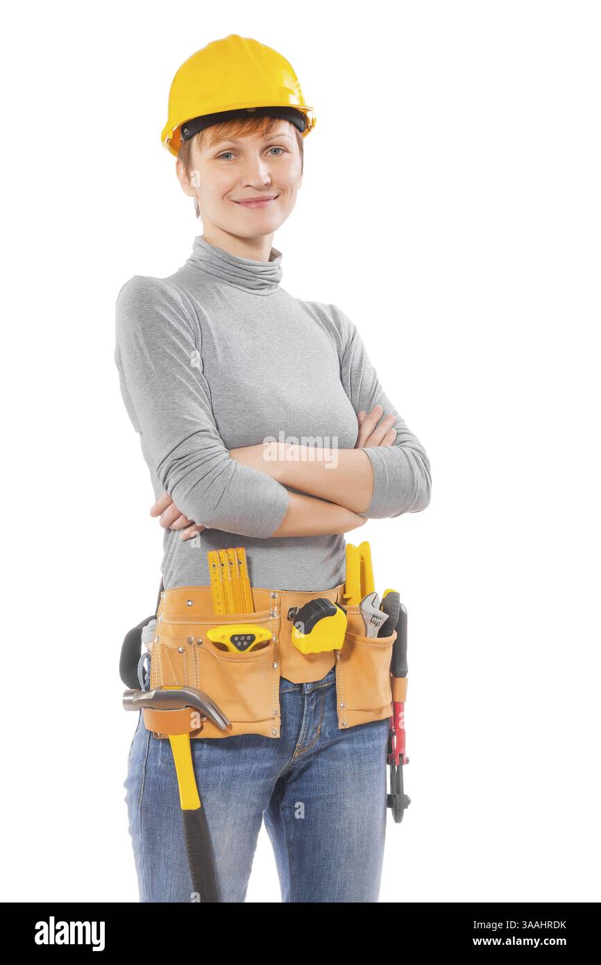 Portrait of a female worker with tools isolated on white background ...