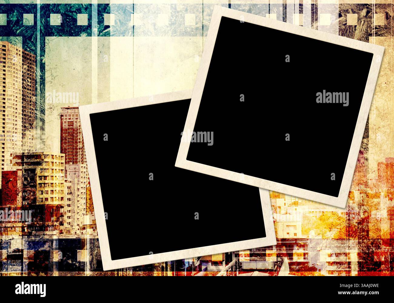 Grunge background with two photo, old paper texture and retro filmstrip ...