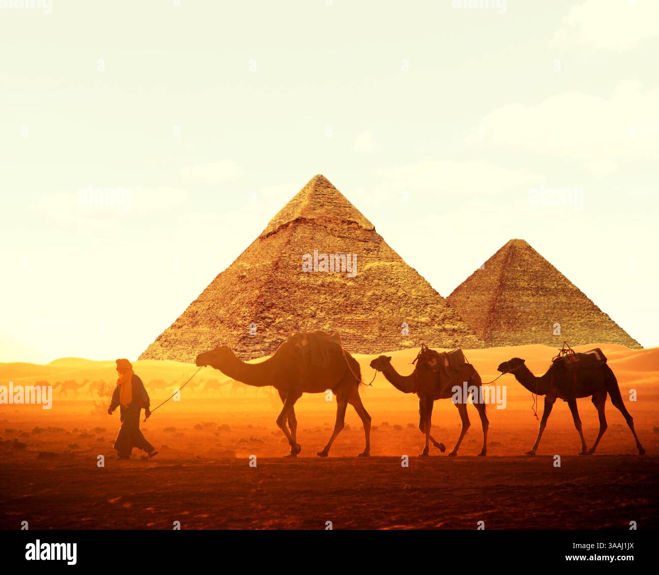 Horizontal banner with caravan of camels and Great Pyramids of Chephren and Cheops, Cairo, Egypt ...