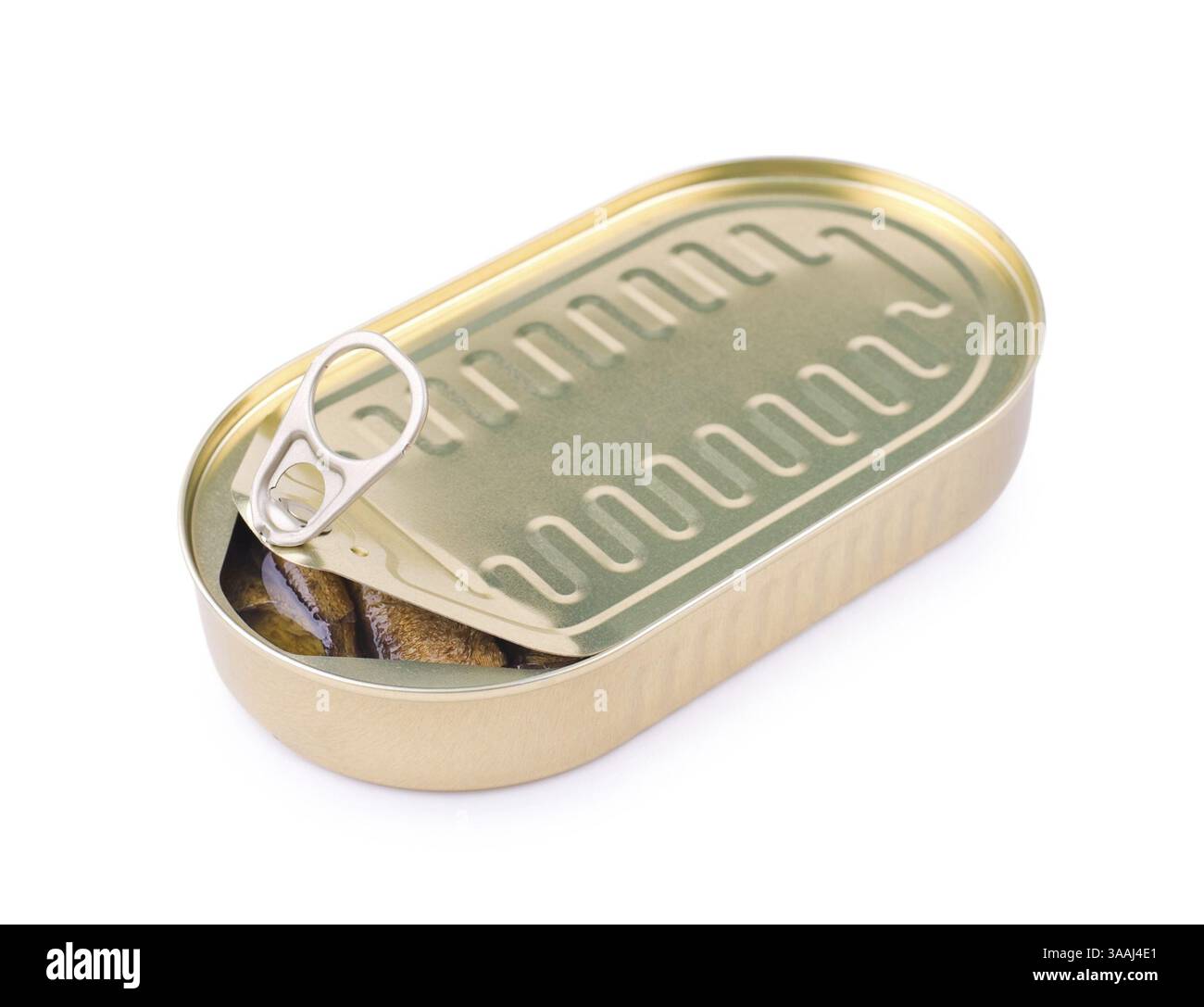 A half open oval can of sprats in oil, clipping path Stock Photo - Alamy