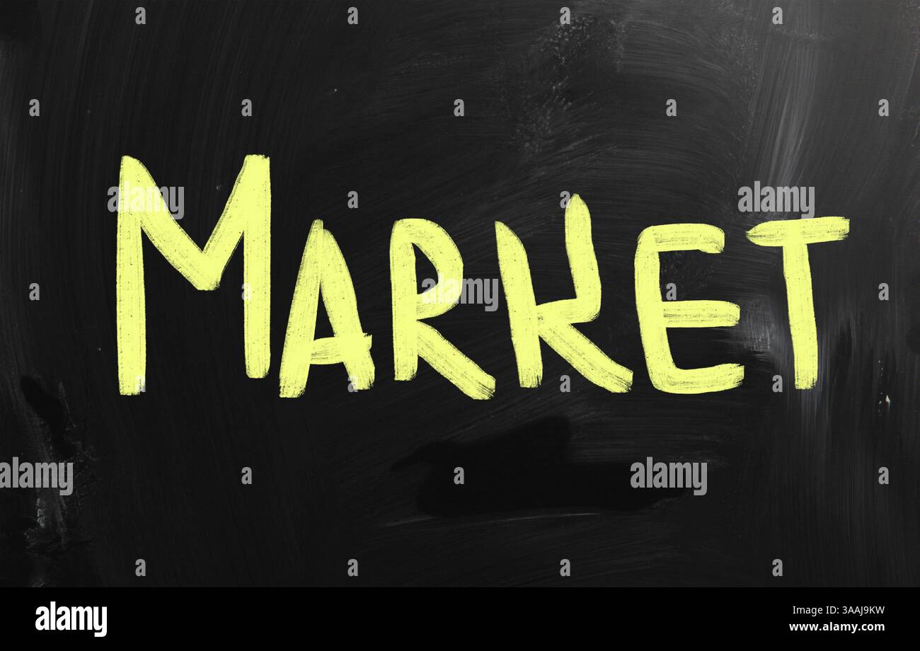 Market handwritten with white chalk on a blackboard Stock Photo - Alamy