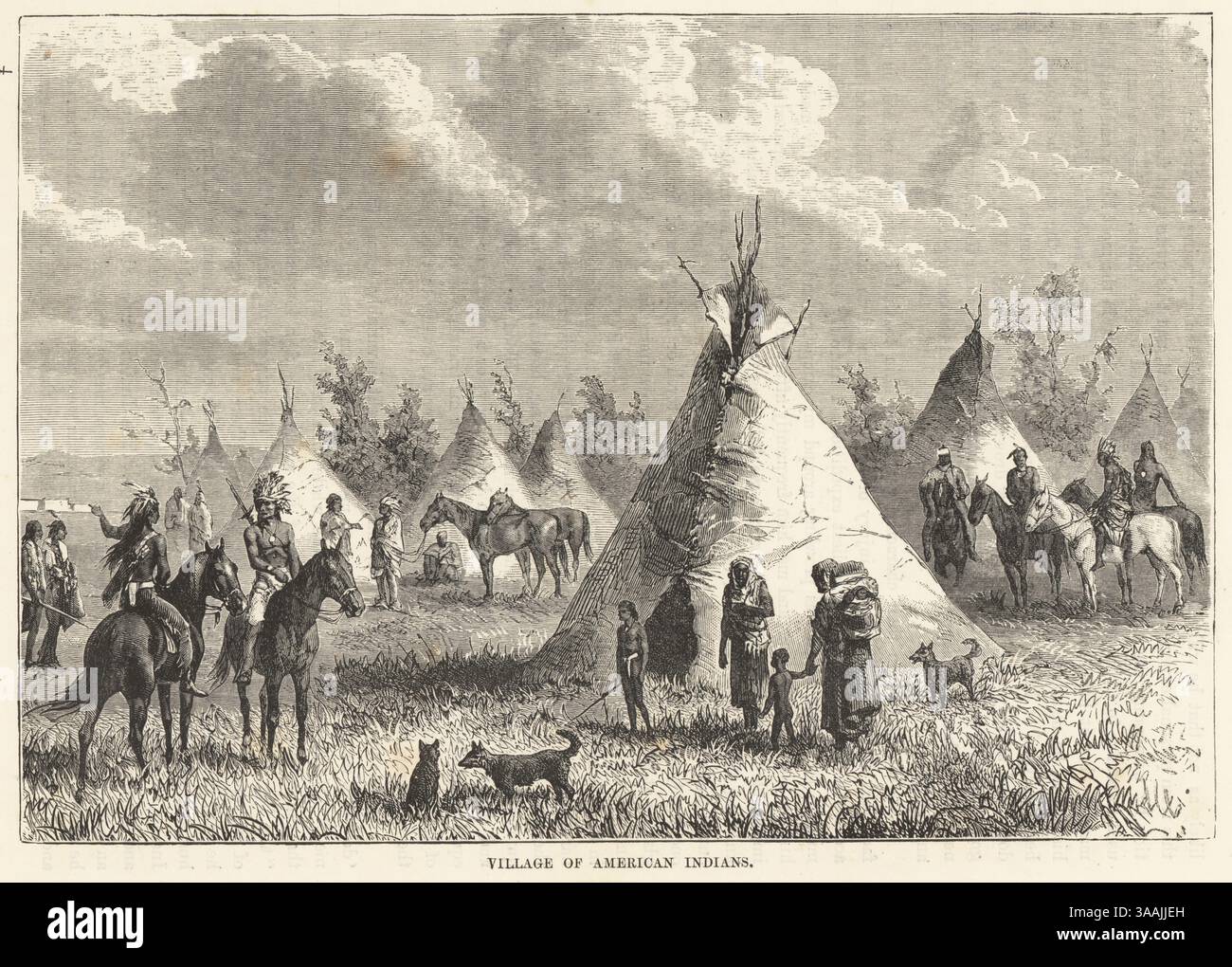 Scene in a Native American village. Warriors in feather headdresses on ...