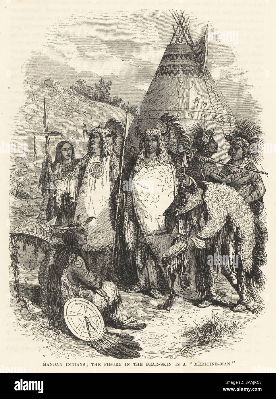 Mandan ceremonial person in bear skin decorated with bird and rodent ...