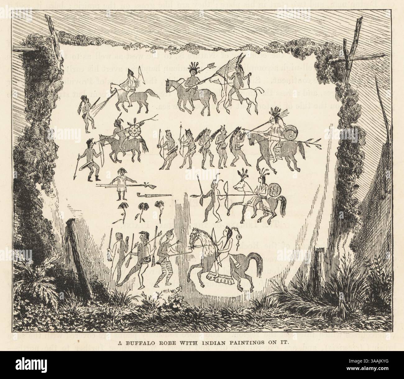 Native American hide painting showing heroic combat. Warriors on ...