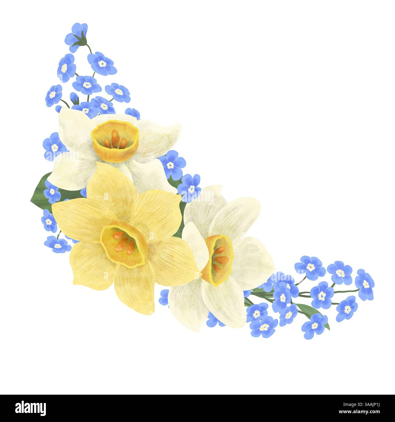 Floral arrangement of blue forget-me-nots and daffodils, handmade ...