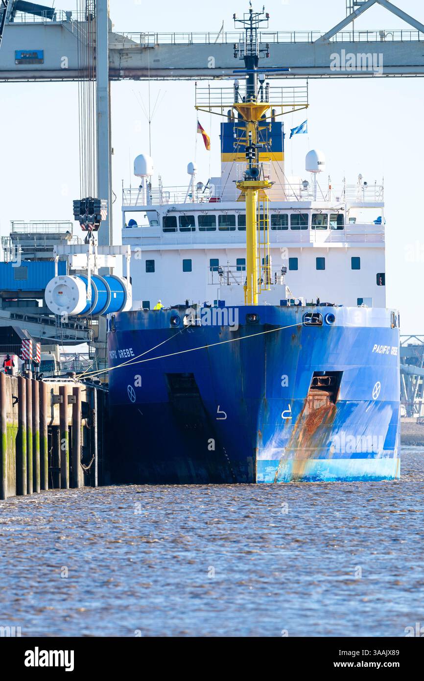 Nordenham, Germany. 01st Apr, 2025. A Castor container is lifted from ...