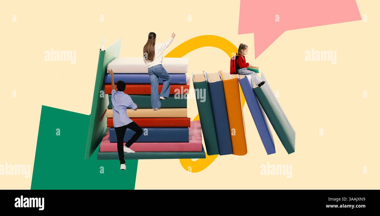 Conceptual artwork. Kids climbing stacked books like stairs ...