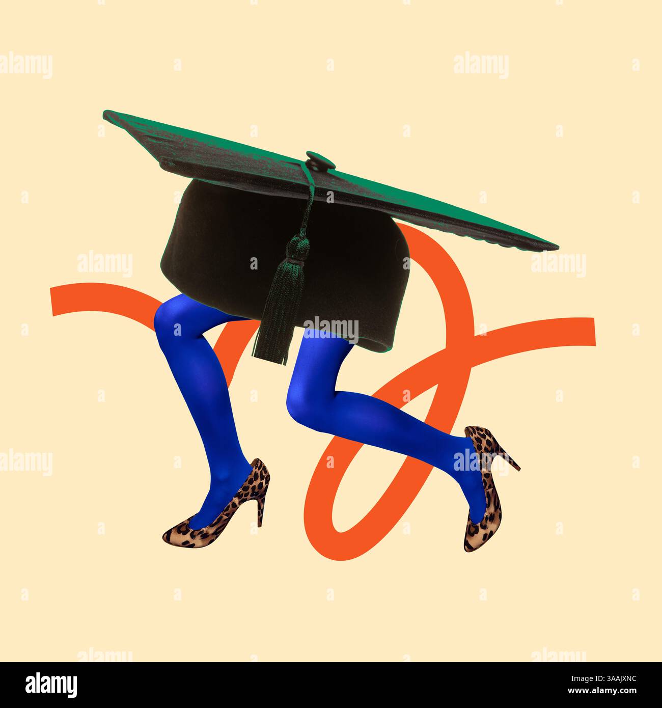 Conceptual artwork. Graduation cap with running female legs in heels ...