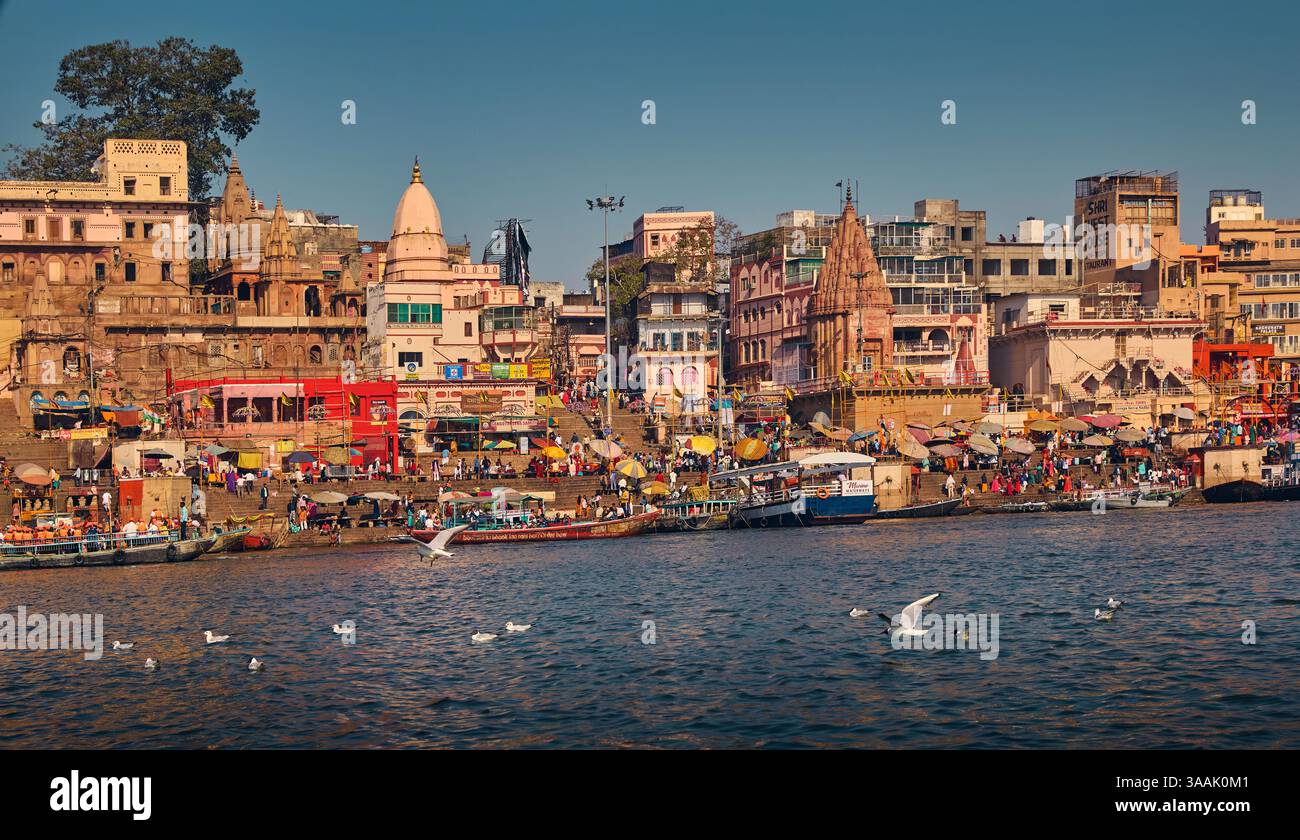 Varanasi, India - March 07, 2025: Main ghat at Ganges river in Varanasi ...