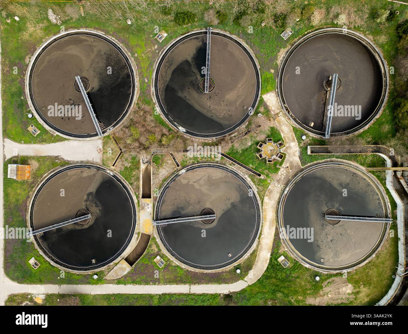 Top view of circular sedimentation tanks at a wastewater treatment ...