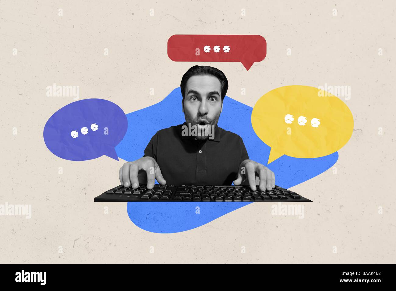 Composite trendy magazine photo collage of shocked guy push keyboard ...