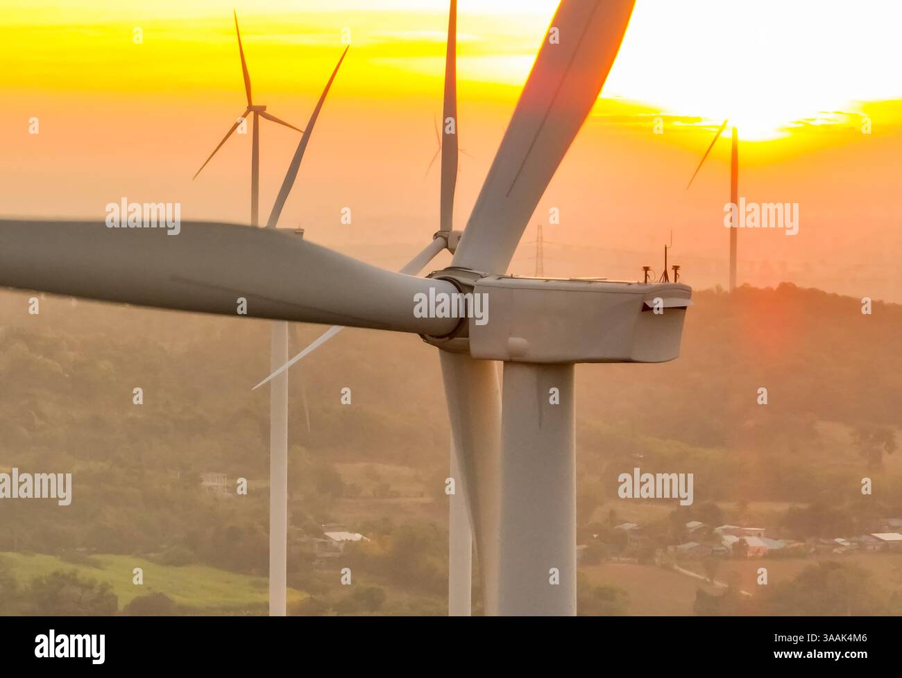 Wind farm field and sunset sky. Wind power. Sustainable, renewable ...