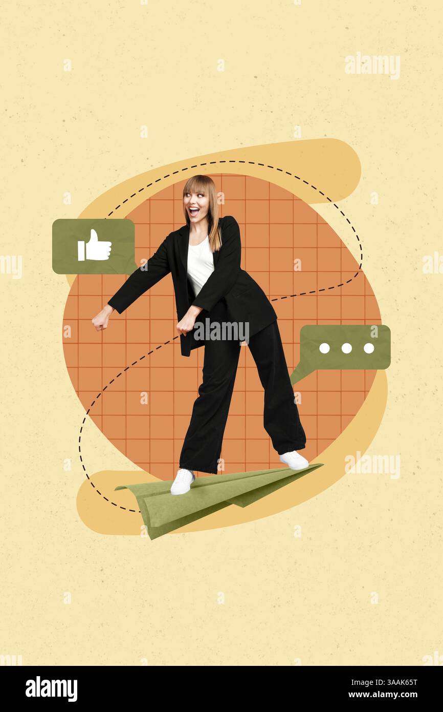 Exclusive image vertical photo collage of excited girl dance paper ...