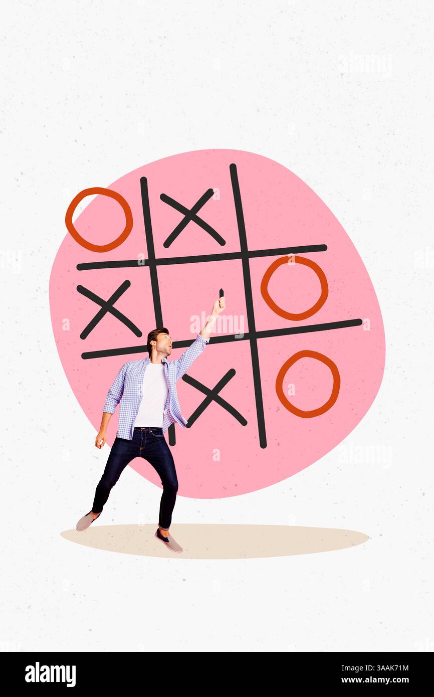 Image vertical 3d collage poster of astonished businessman play tic tac ...