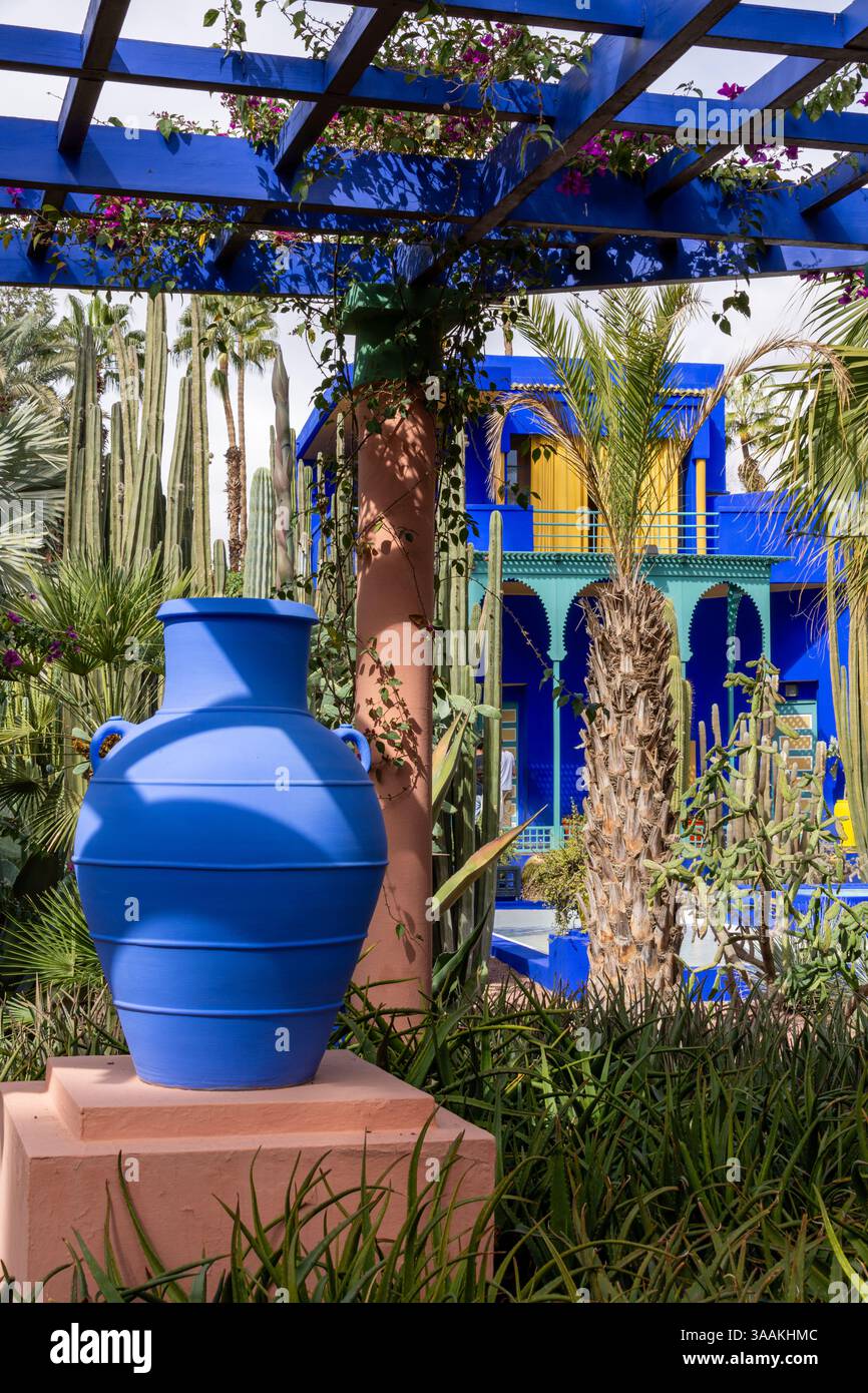 Marrakech, Morocco - 16 February 2025: Blue vase and view on a blue ...