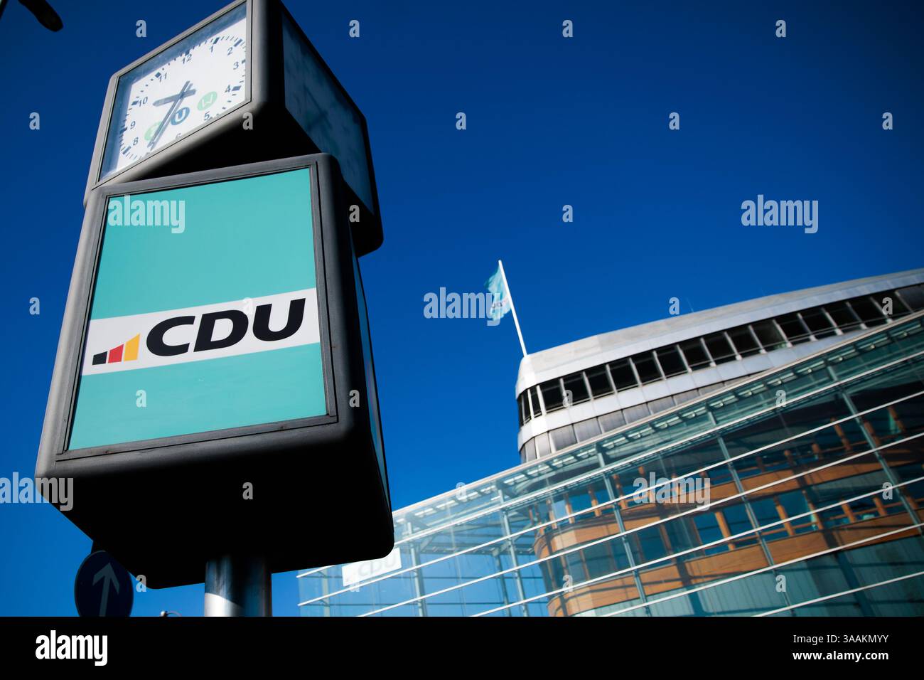 Berlin, Germany. 01st Apr, 2025. The CDU logo is displayed on a ...