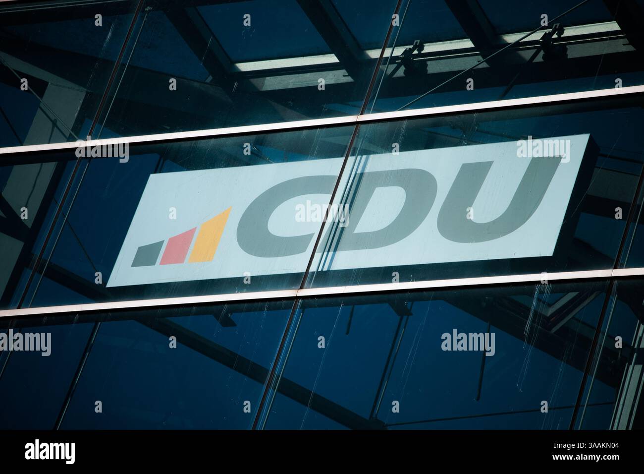 Berlin, Germany. 01st Apr, 2025. The CDU logo is mounted behind the ...