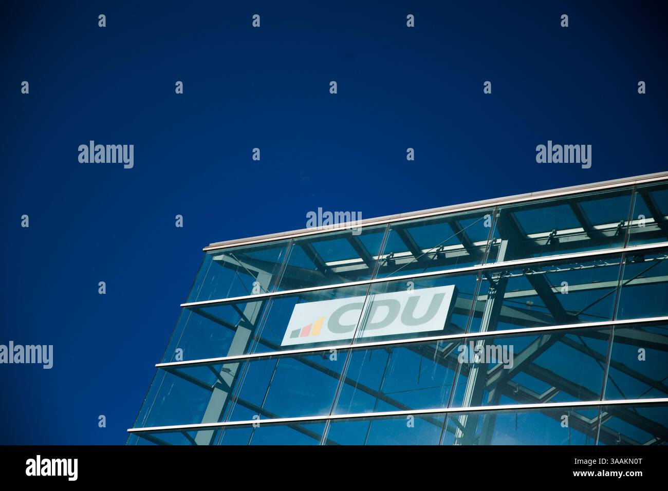 Berlin, Germany. 01st Apr, 2025. The CDU logo is mounted behind the ...