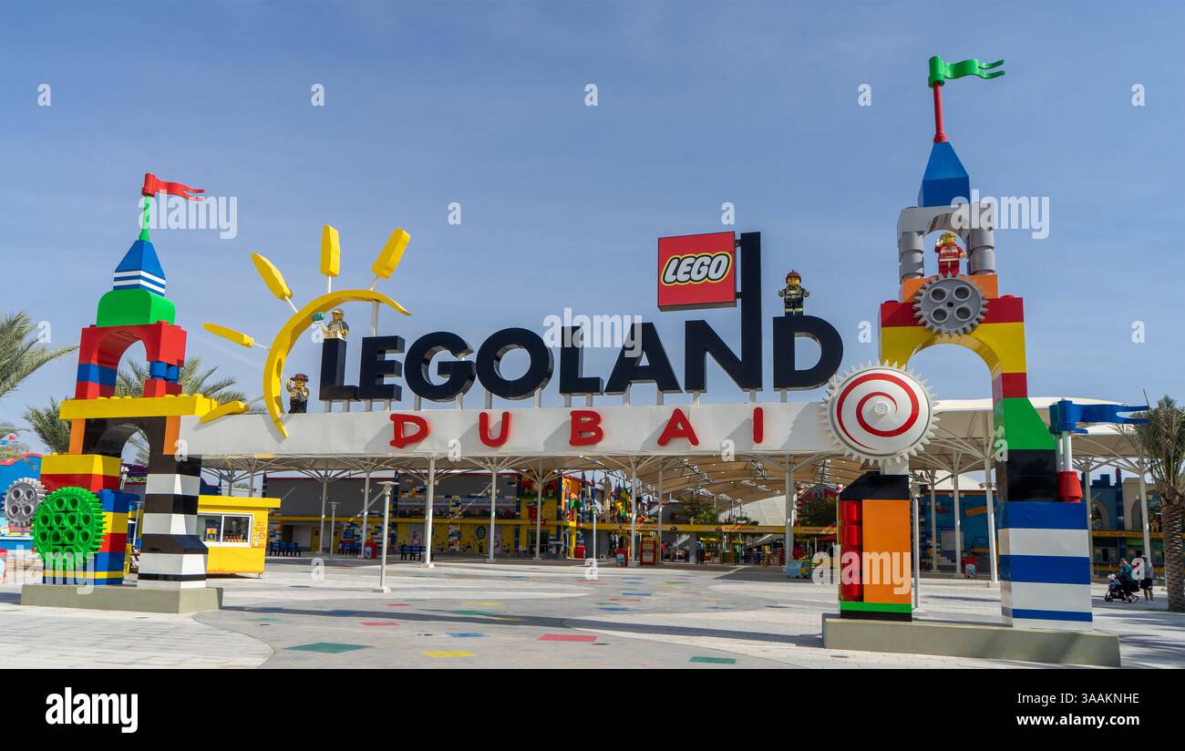 Entrance in Legoland, Dubai, UAE. Amusement park in the United Arab ...