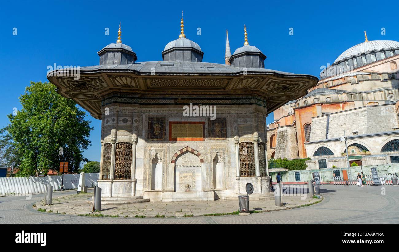 Fountain of Sultan Ahmed III and Hagia Sophia Grand Mosque, Istanbul ...