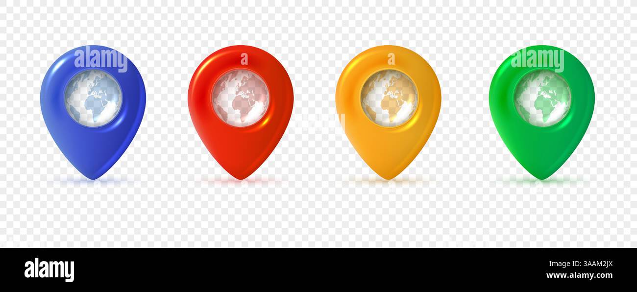 Colorful world map pins with globe inside, set of four in blue, red ...