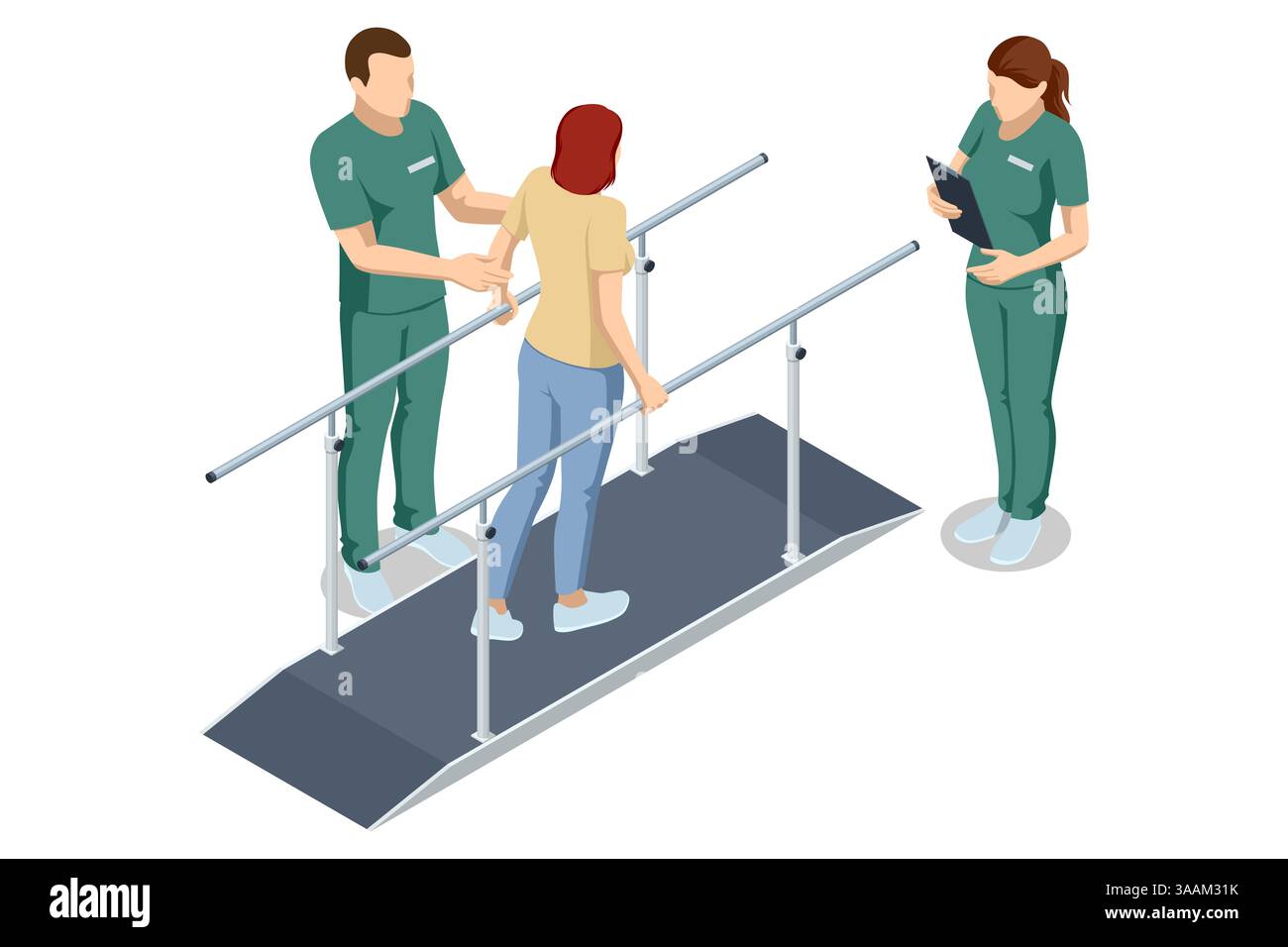 Isometric vector illustration of a female patient practicing walking ...