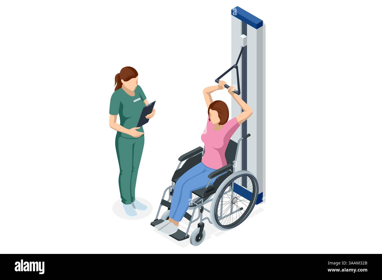 Isometric vector scene depicting a female patient in a wheelchair ...