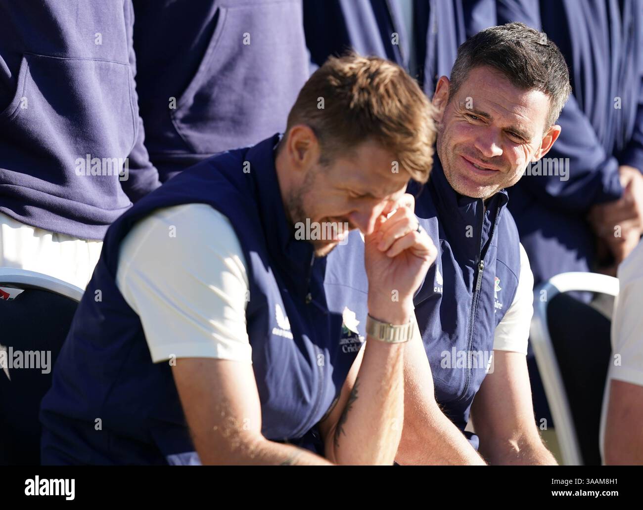 Lancashire's Tom Bailey (left) and James Anderson during a photocall at ...