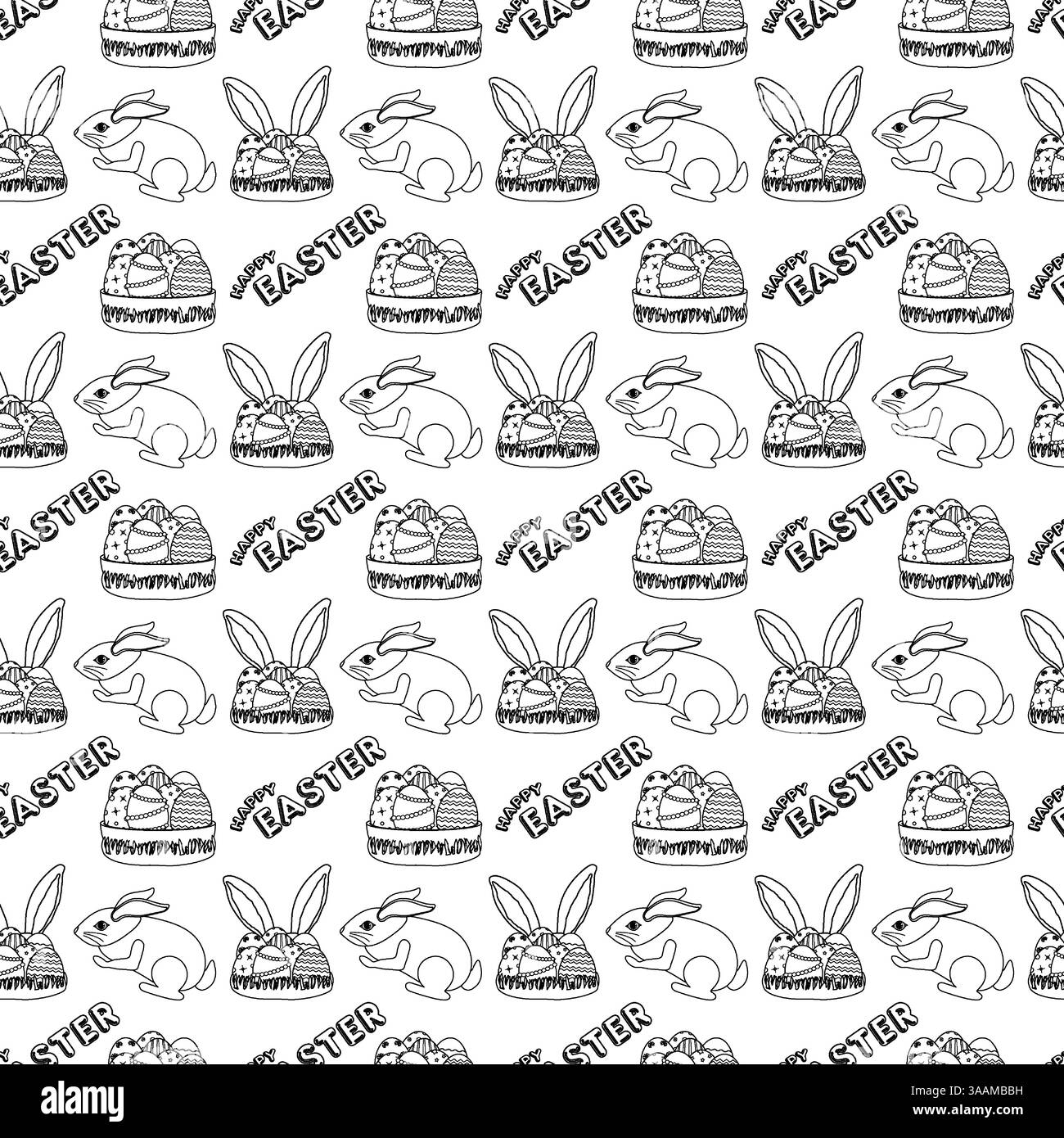 Seamless pattern with cute rabbits, Easter bunny, Easter eggs, baskets ...