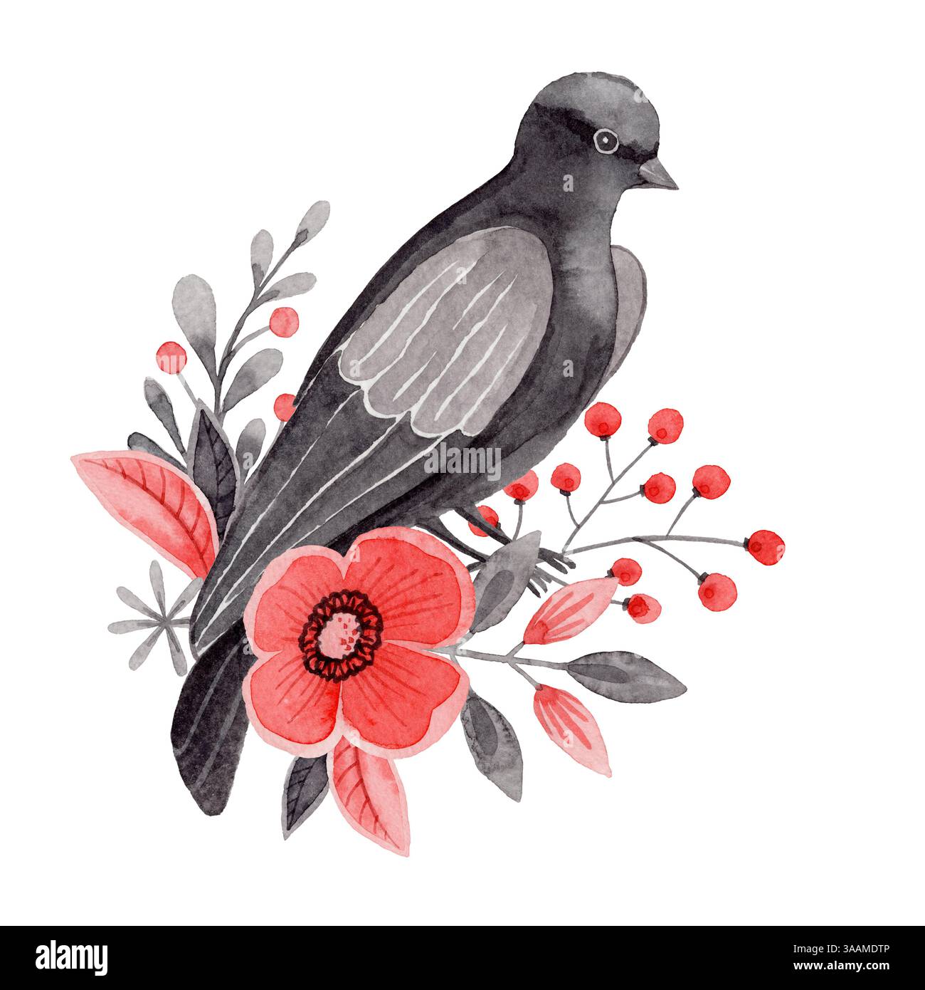 Dove with flower and twig arrangement in folk style. Stylized ...