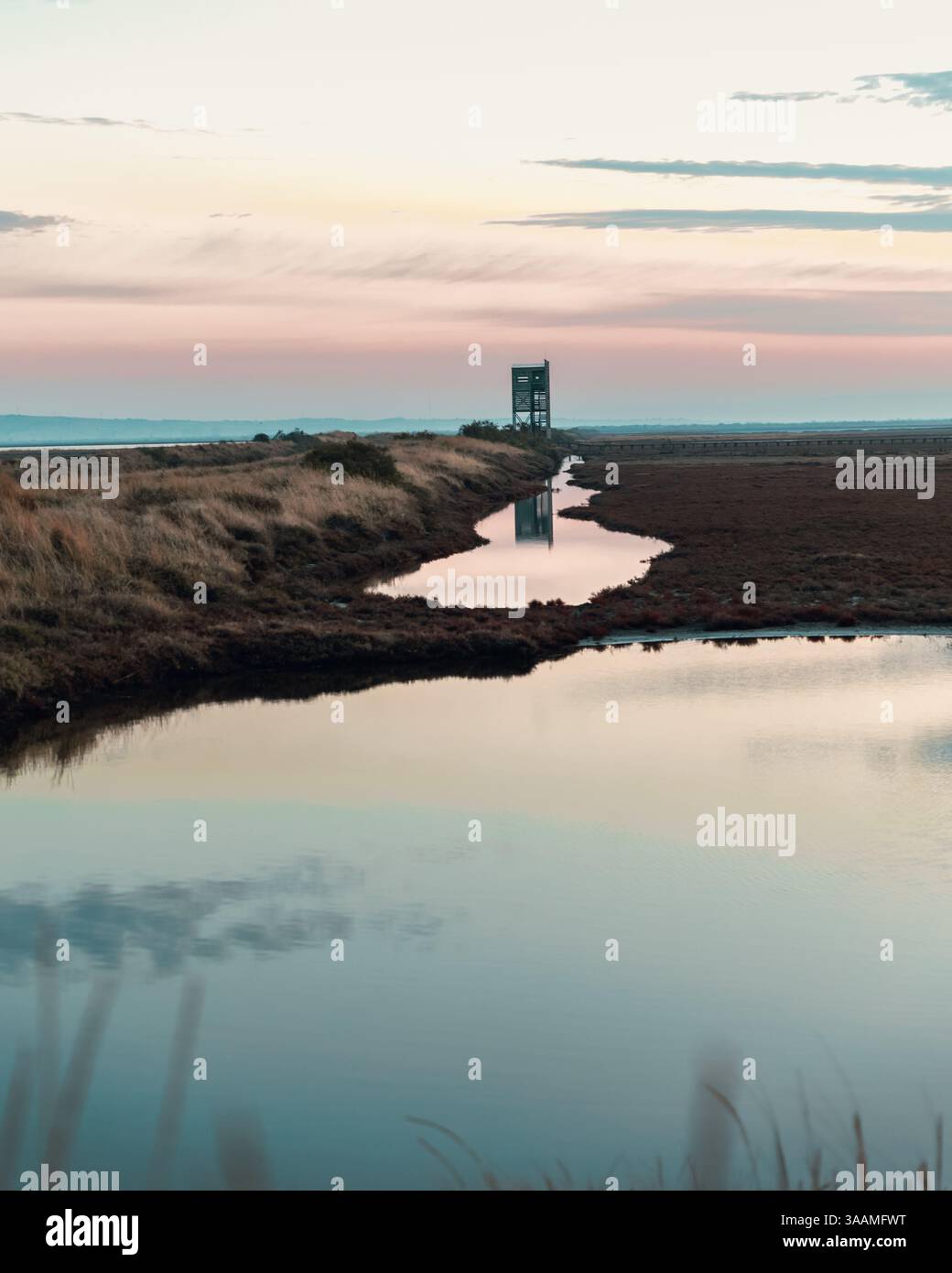 Beautiful sunset or sunrise on the wetland National Park Delta Evros in ...