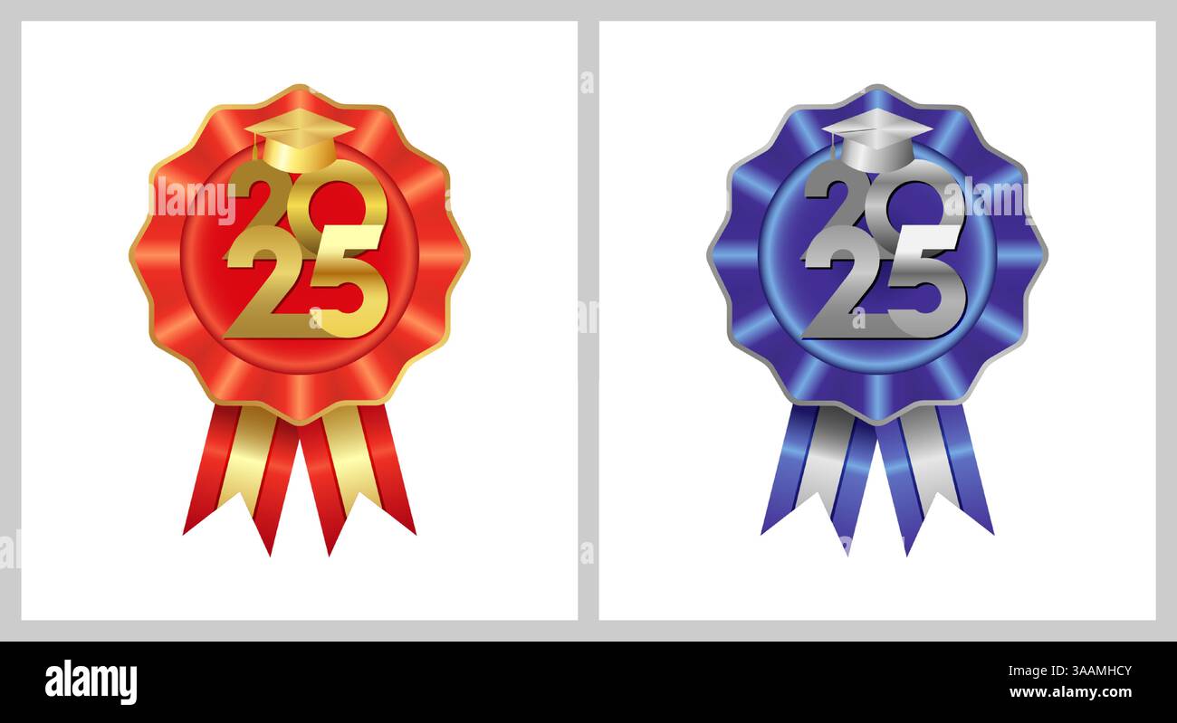 Set of cute rosettes with red and blue ribbons and golden and silver ...