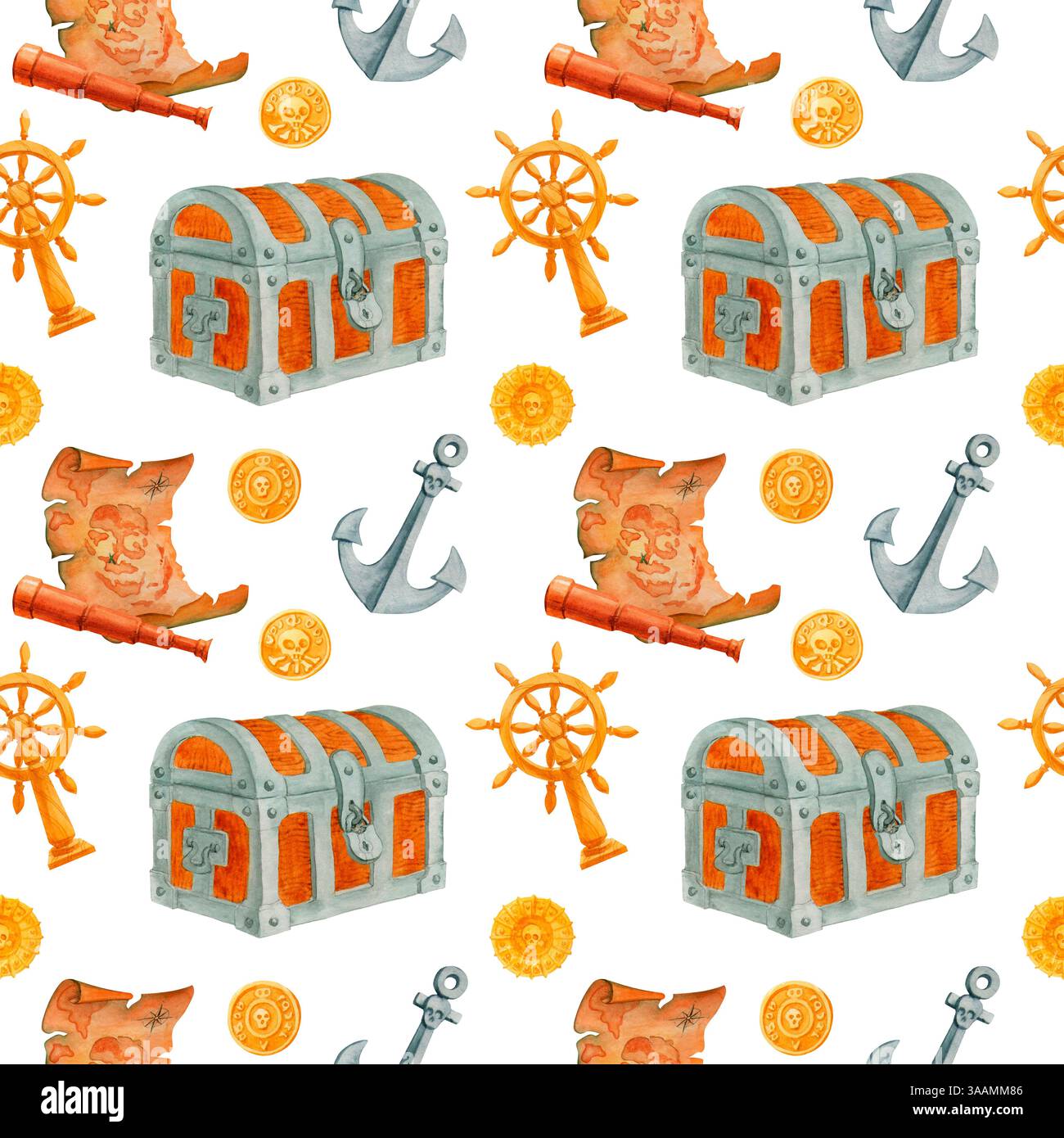 In search of treasure. Watercolor print with pirate chest, old map and ...