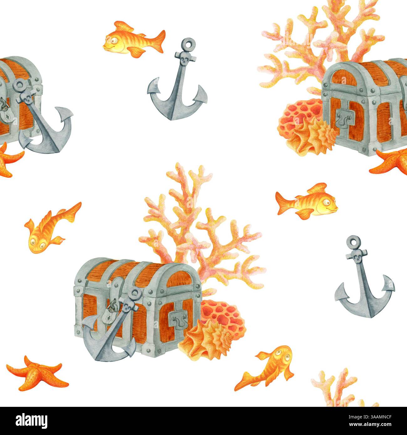 Sunken pirate treasure. Closed old chests on the ocean floor among fish ...