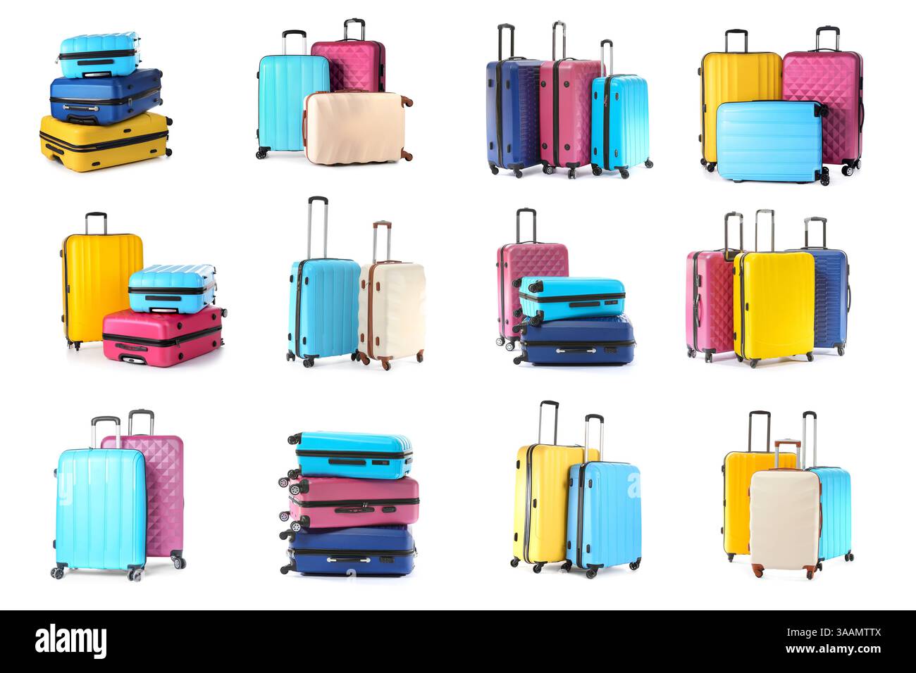 Set of many suitcases on white background Stock Photo - Alamy